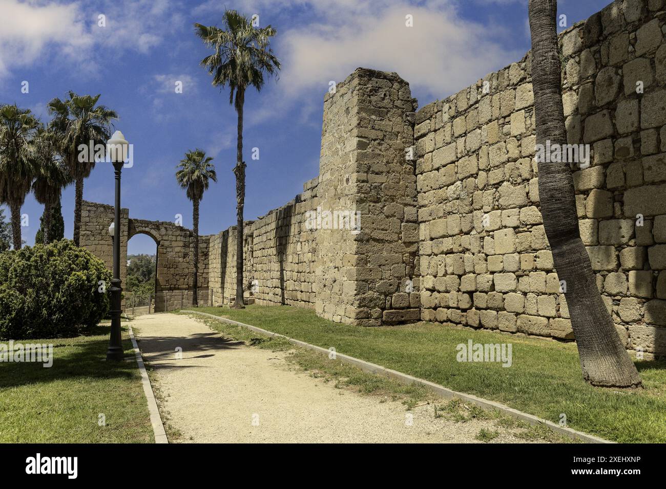 Historic Roman city walls in Merida, Spain, surrounded by lush palm ...