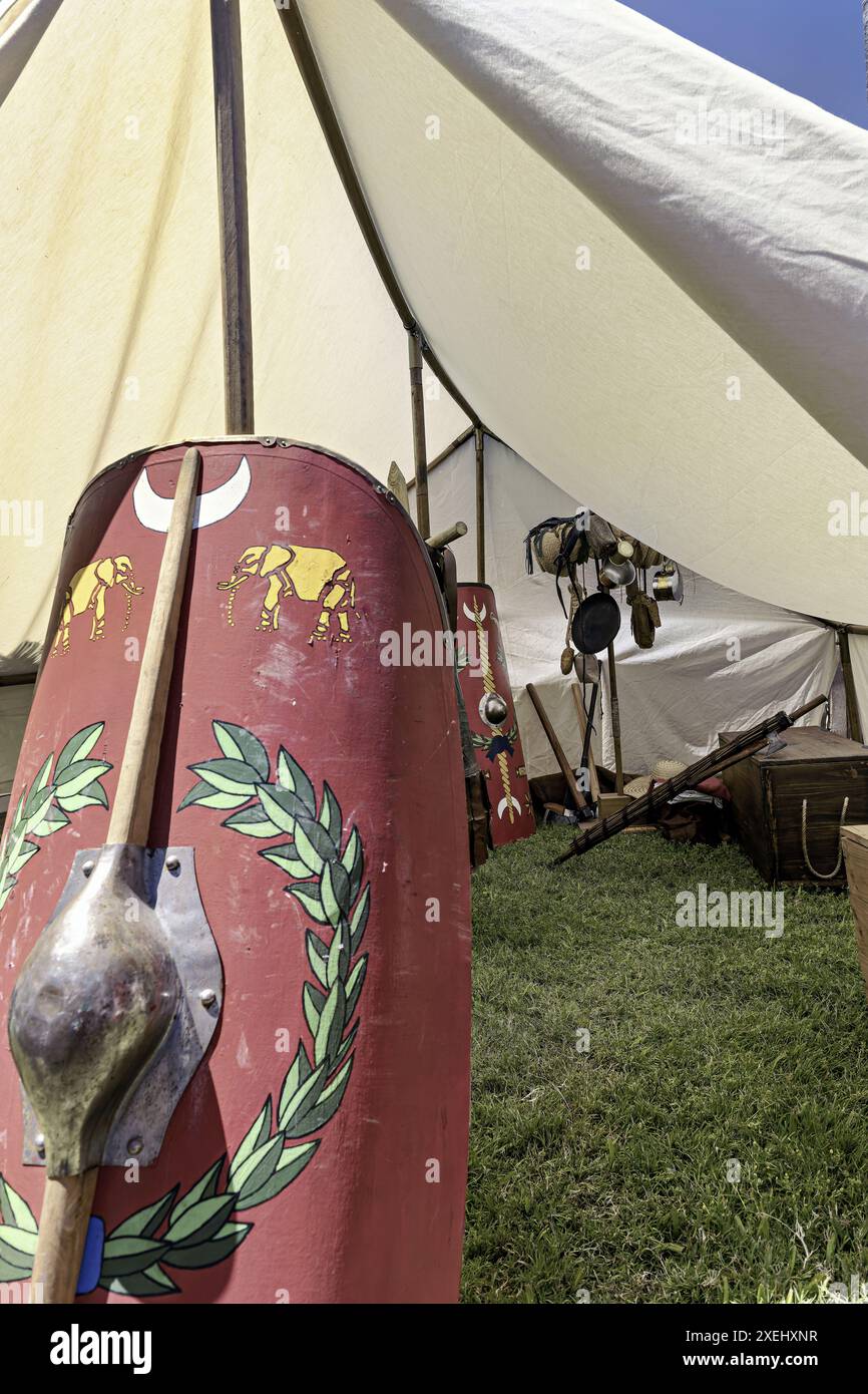 Detailed view of a Roman legionary camp setup in Merida, Spain ...