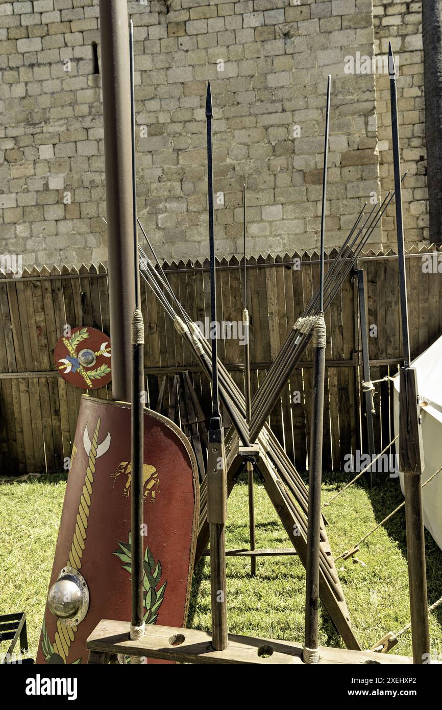 Detailed view of a Roman legionary camp setup in Merida, Spain ...