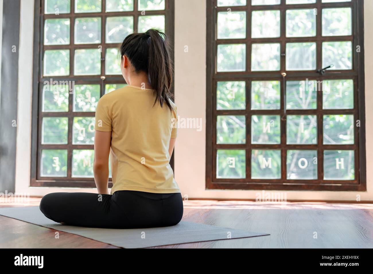 Female girl Attractive young asian woman doing stretching exercise on ...