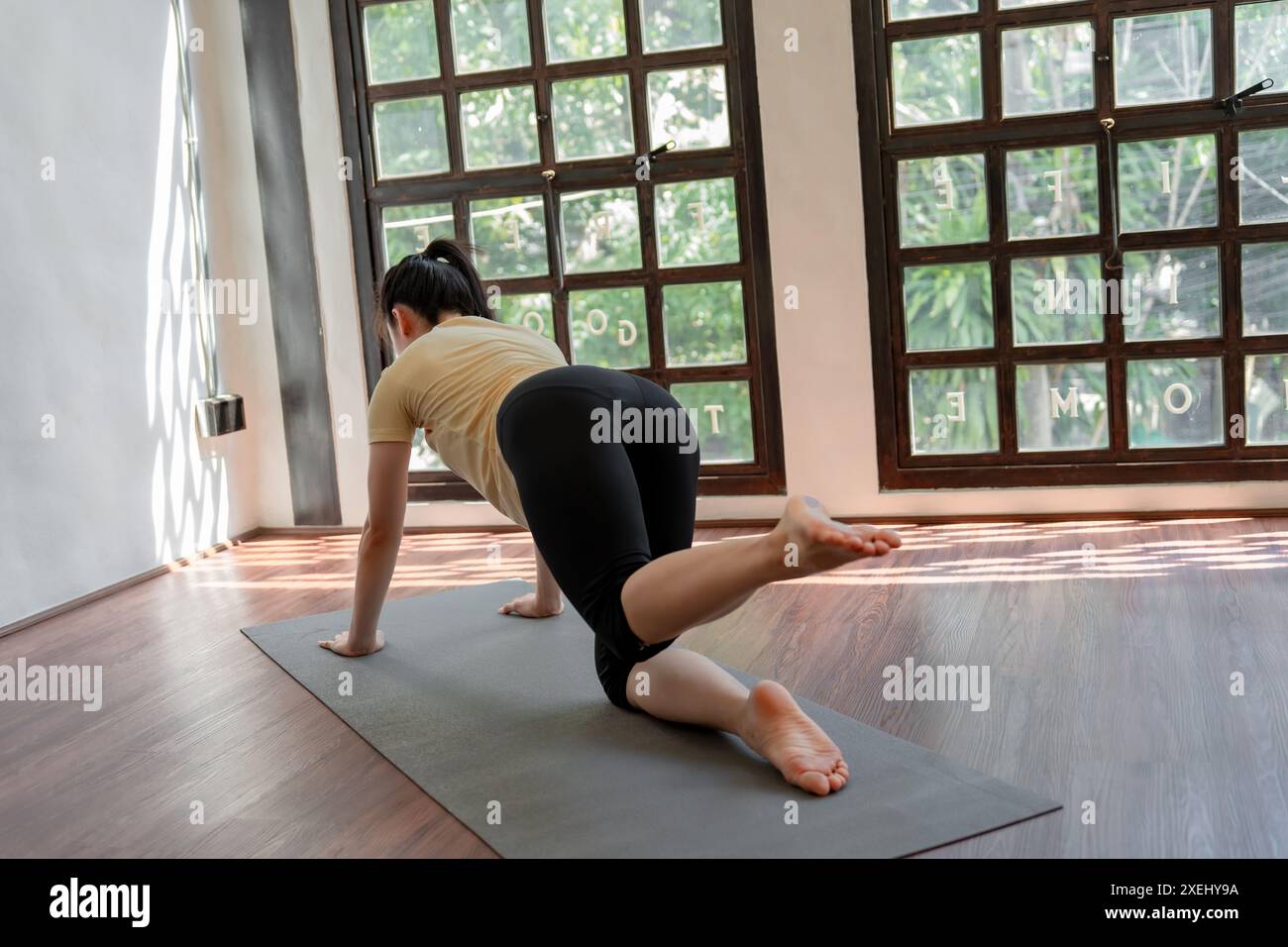 Female girl Attractive young asian woman doing stretching exercise on ...