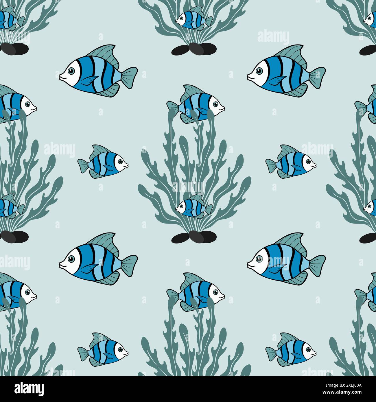 Sea bottom pattern with blue fish and algae on pastel blue background ...