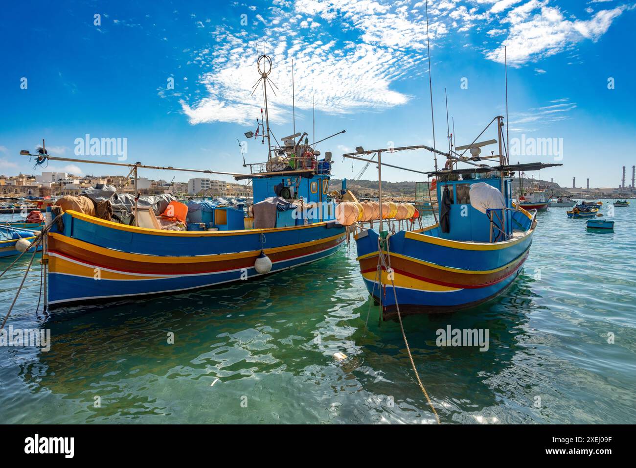 Traditional eyed colorful boats Maltese Luzzu, Marsaxlokk, Malta Stock ...
