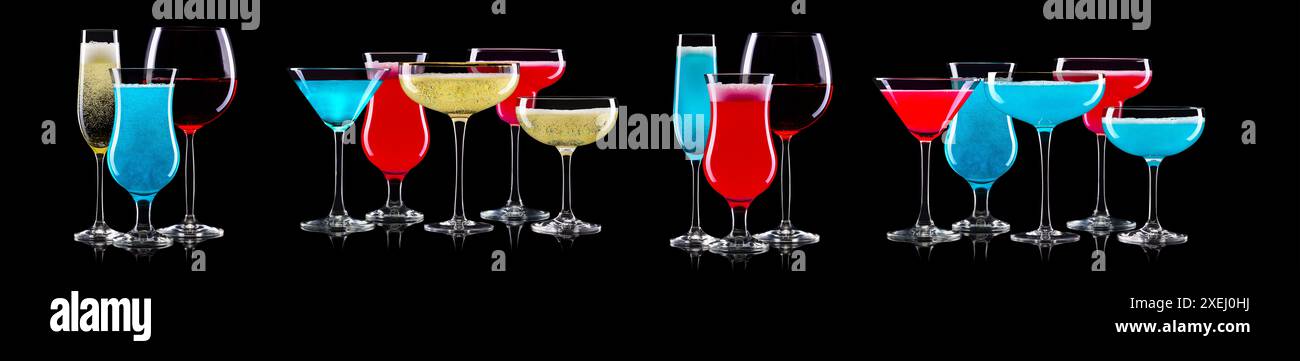 Set Of Different Glasses For Drinks And Cocktails On Black Background With Clipping Path Stock