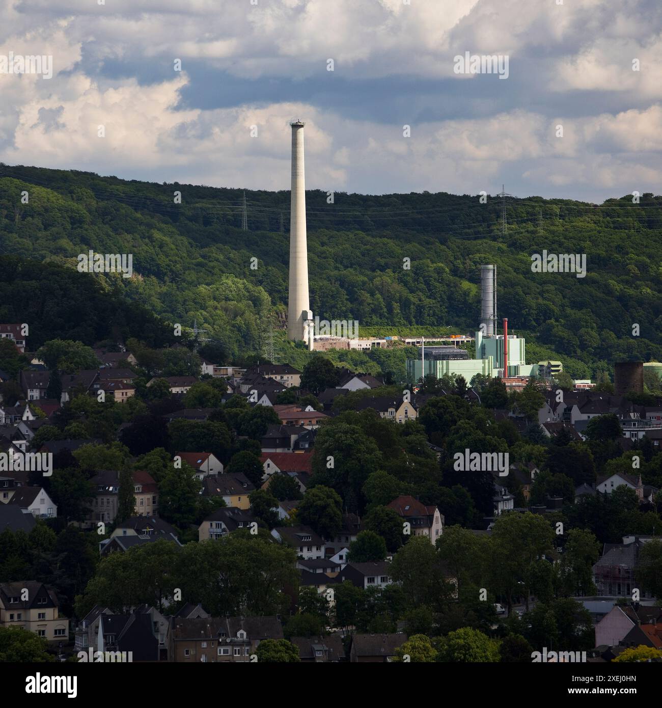 Sunlit Cuno power plant with 248 meter high chimney, Herdecke, Ruhr ...