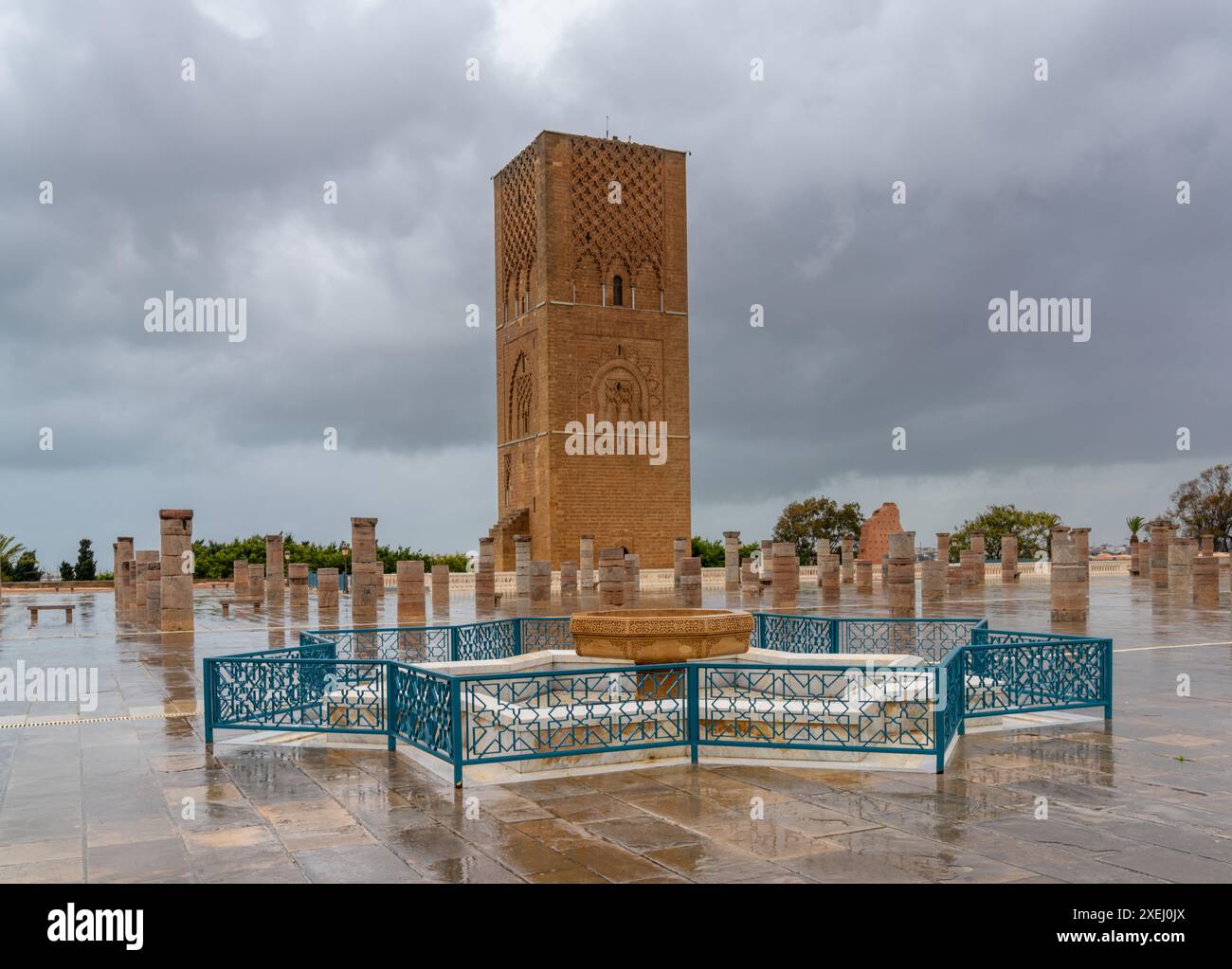 View of the Hassan Tower and mosque ruins near the Tomb of Mohammed V ...
