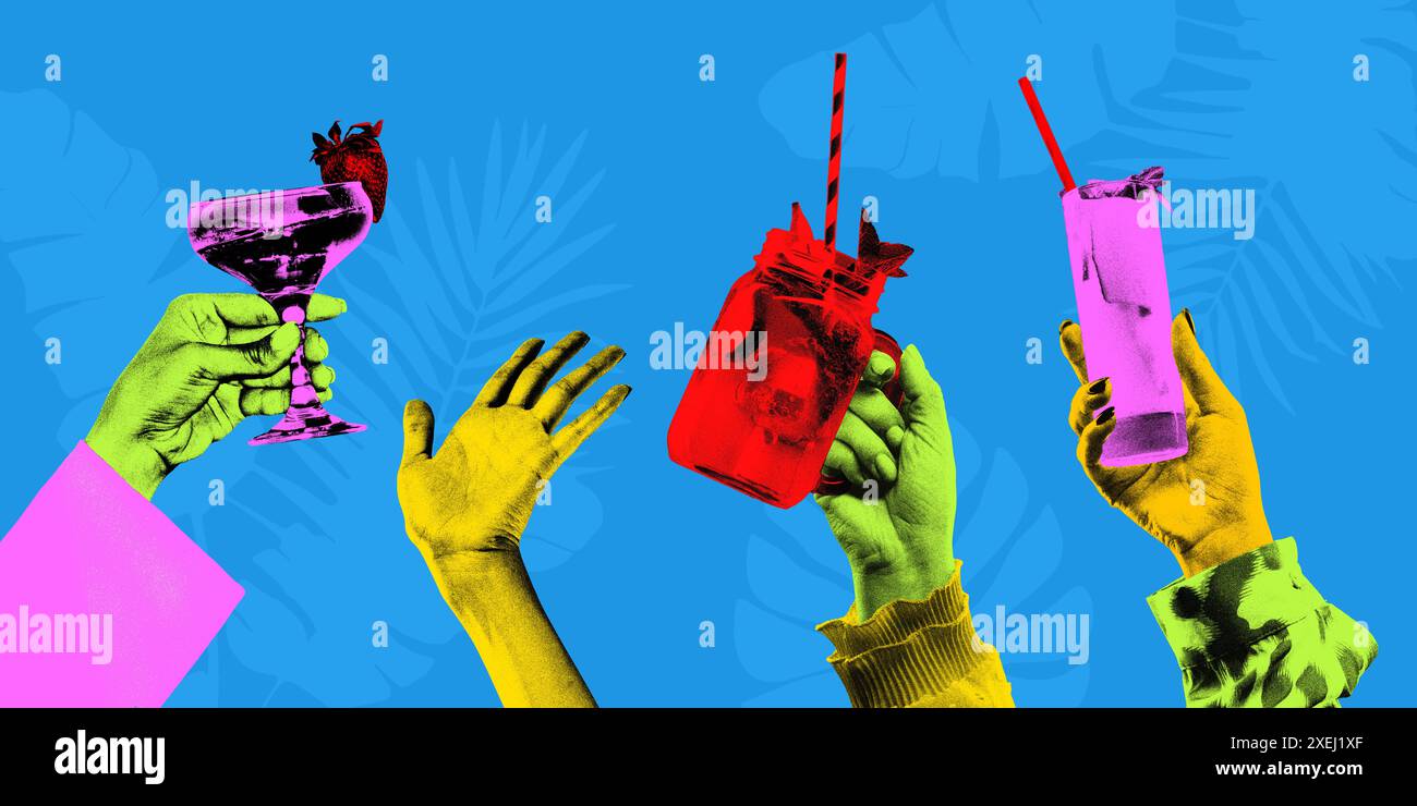 Contemporary art collage. Cocktails held by hands in colorful filter ...