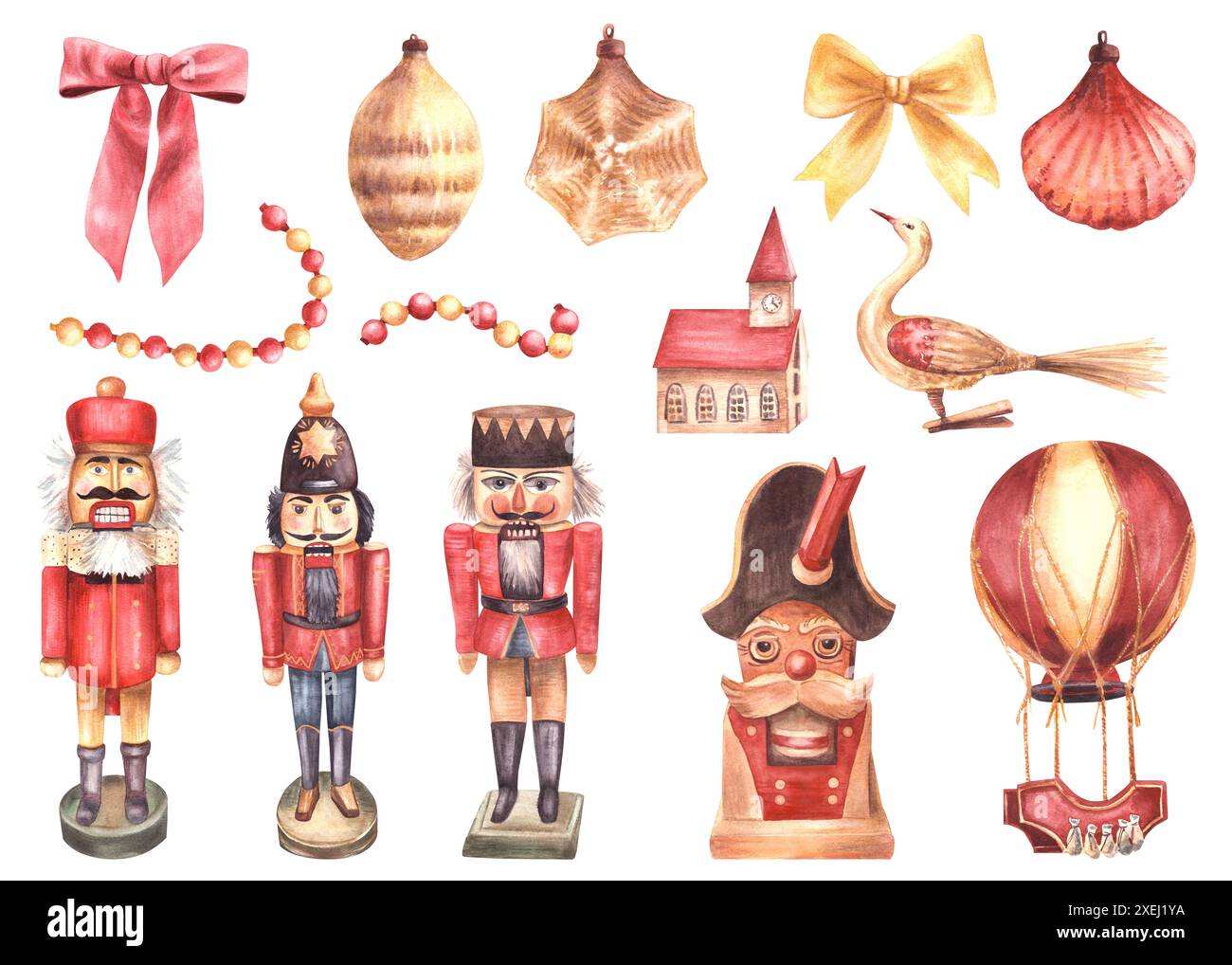 Vintage Christmas tree decorations set. Balls, nutcracker, hot air ...