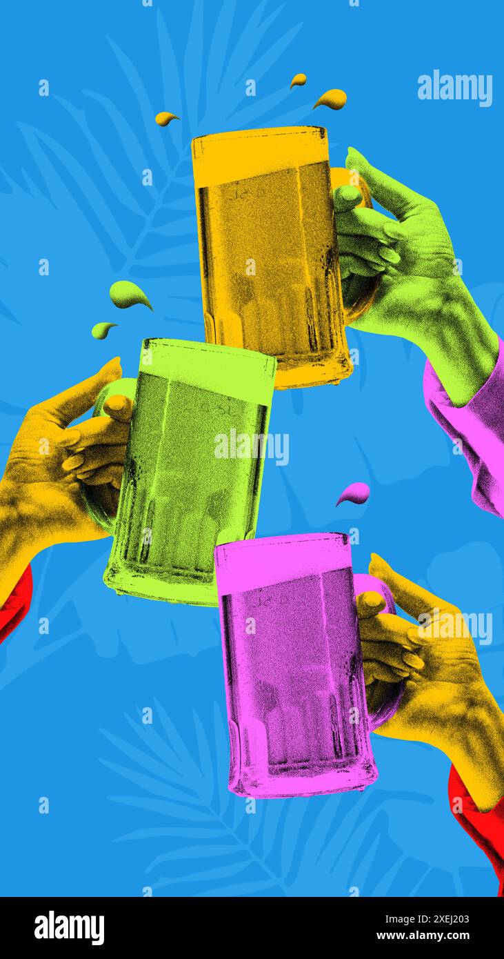 Contemporary art collage. Neon-colored beer mugs being clinked together ...