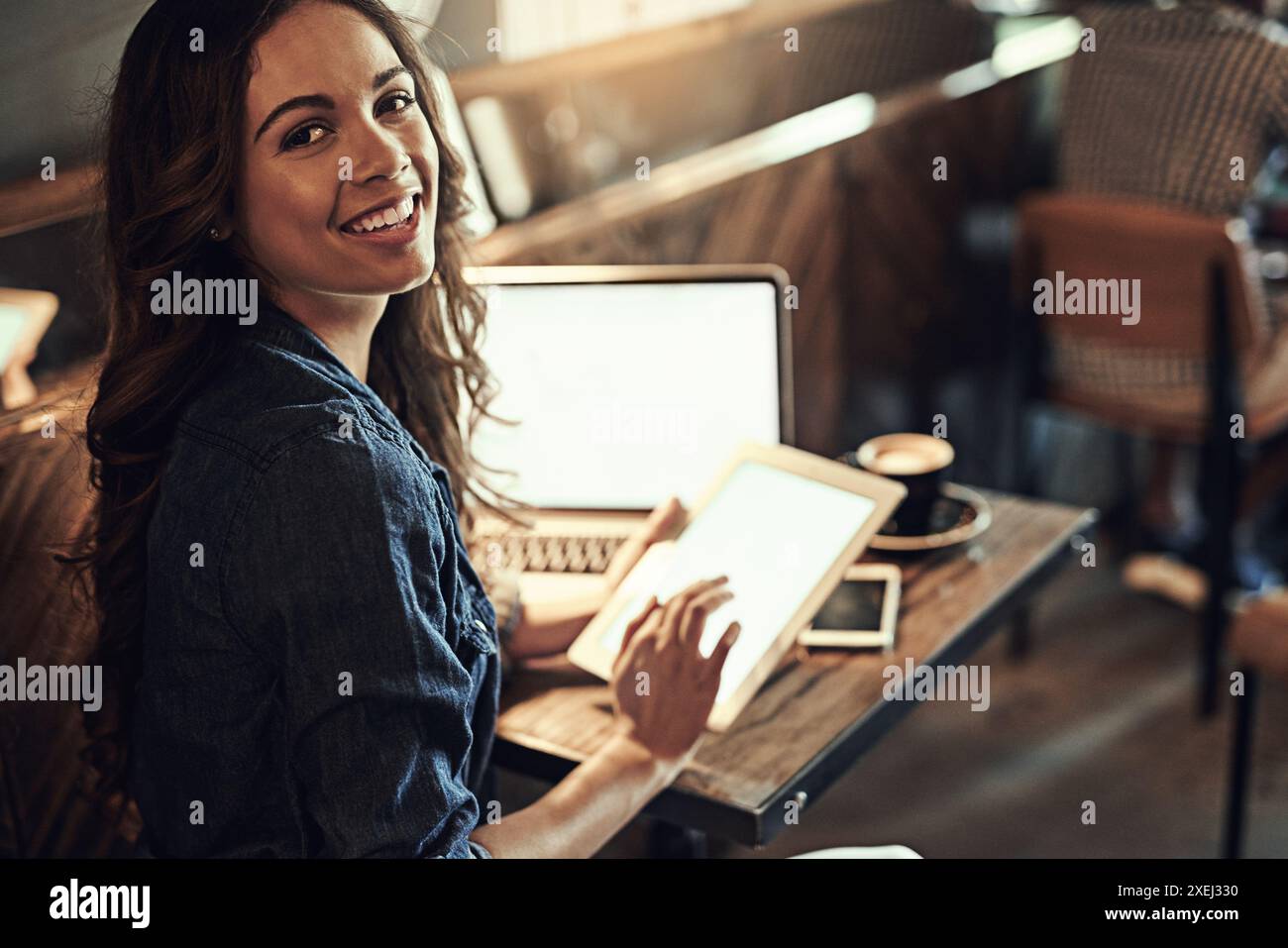 Woman, tech and portrait at night in coffee shop, copywriter and ...
