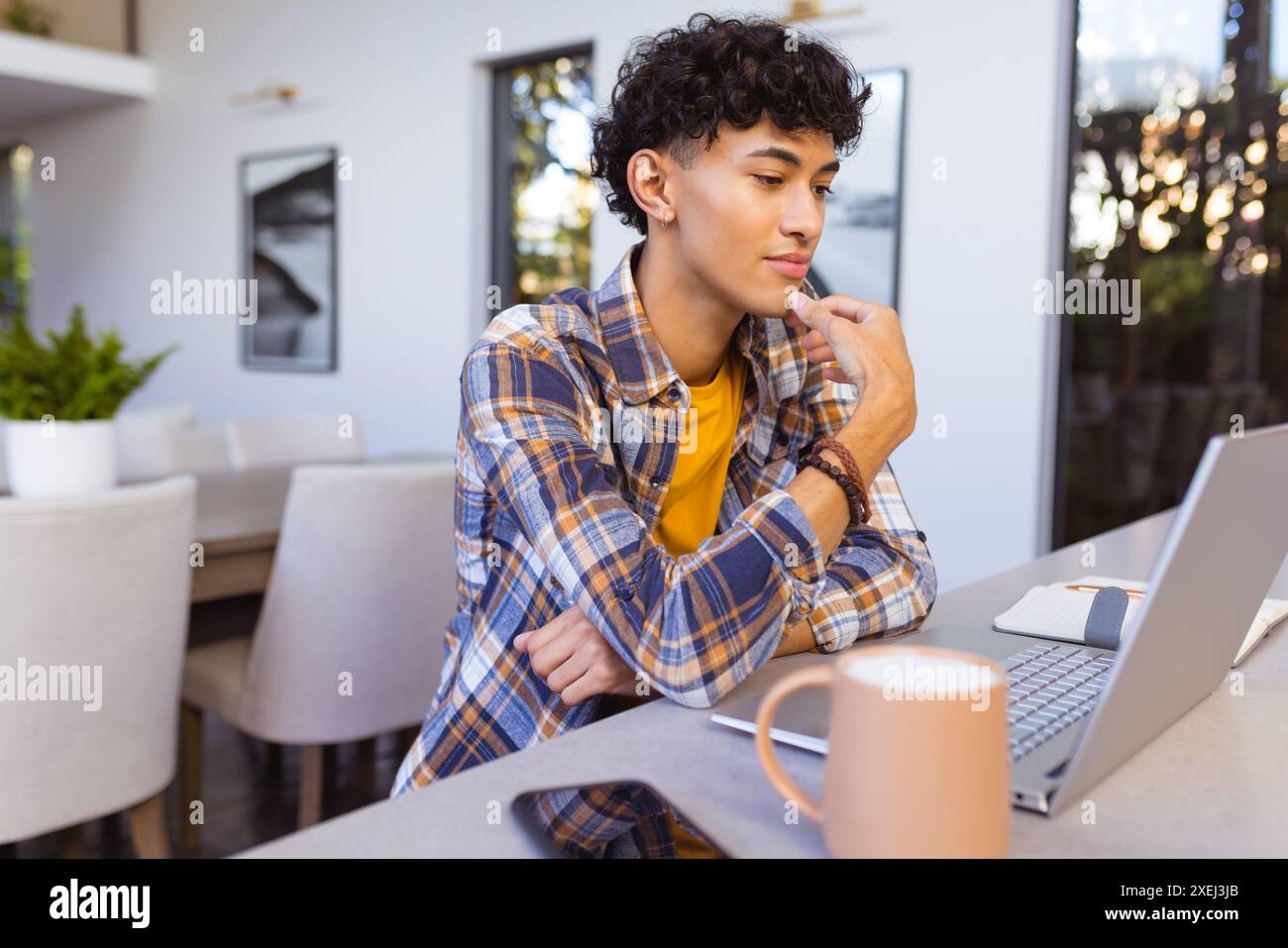 Using laptop at home, teenage boy focusing on work with coffee nearby ...