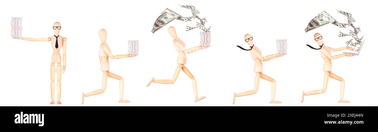 Collection of wooden human mannequins demonstrating different poses and ...