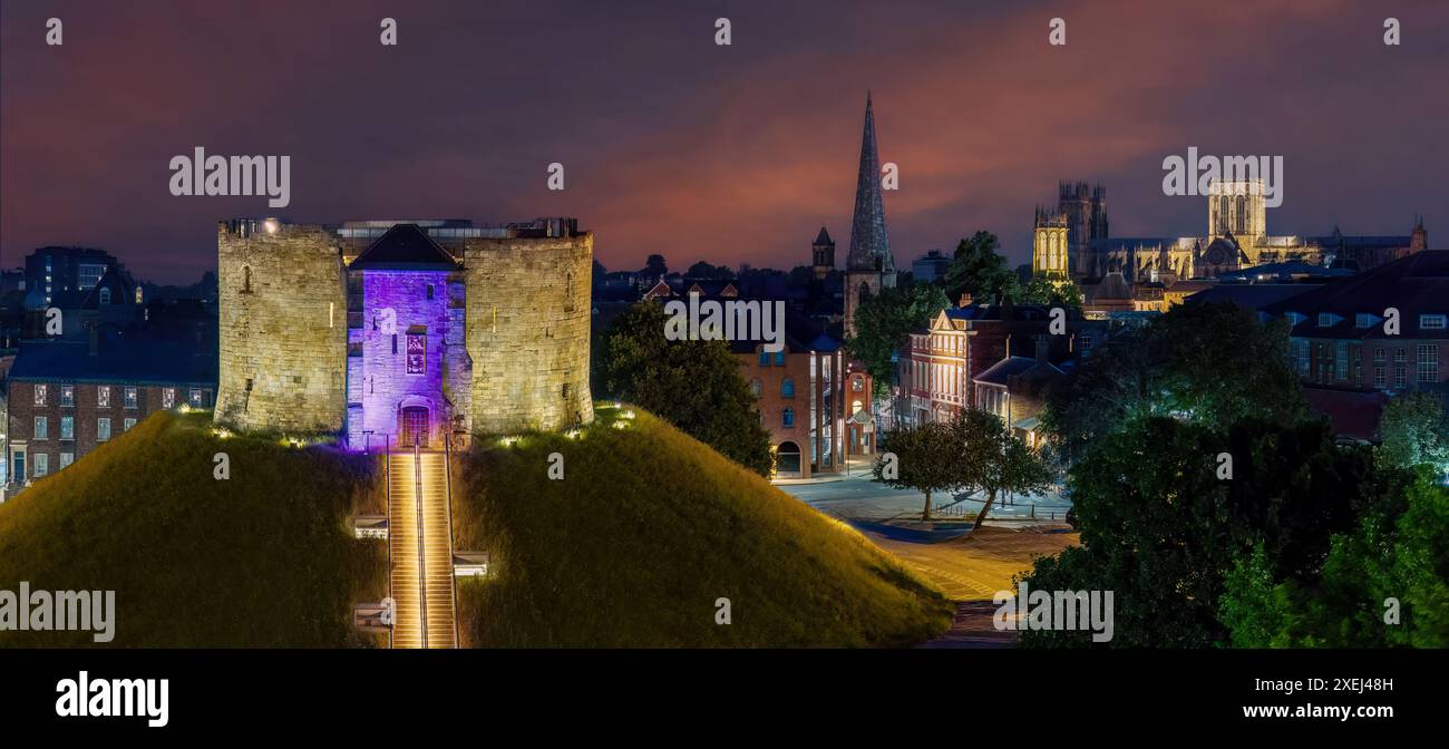 York at night, Yorkshire city of York and Cliffords Tower at night with ...