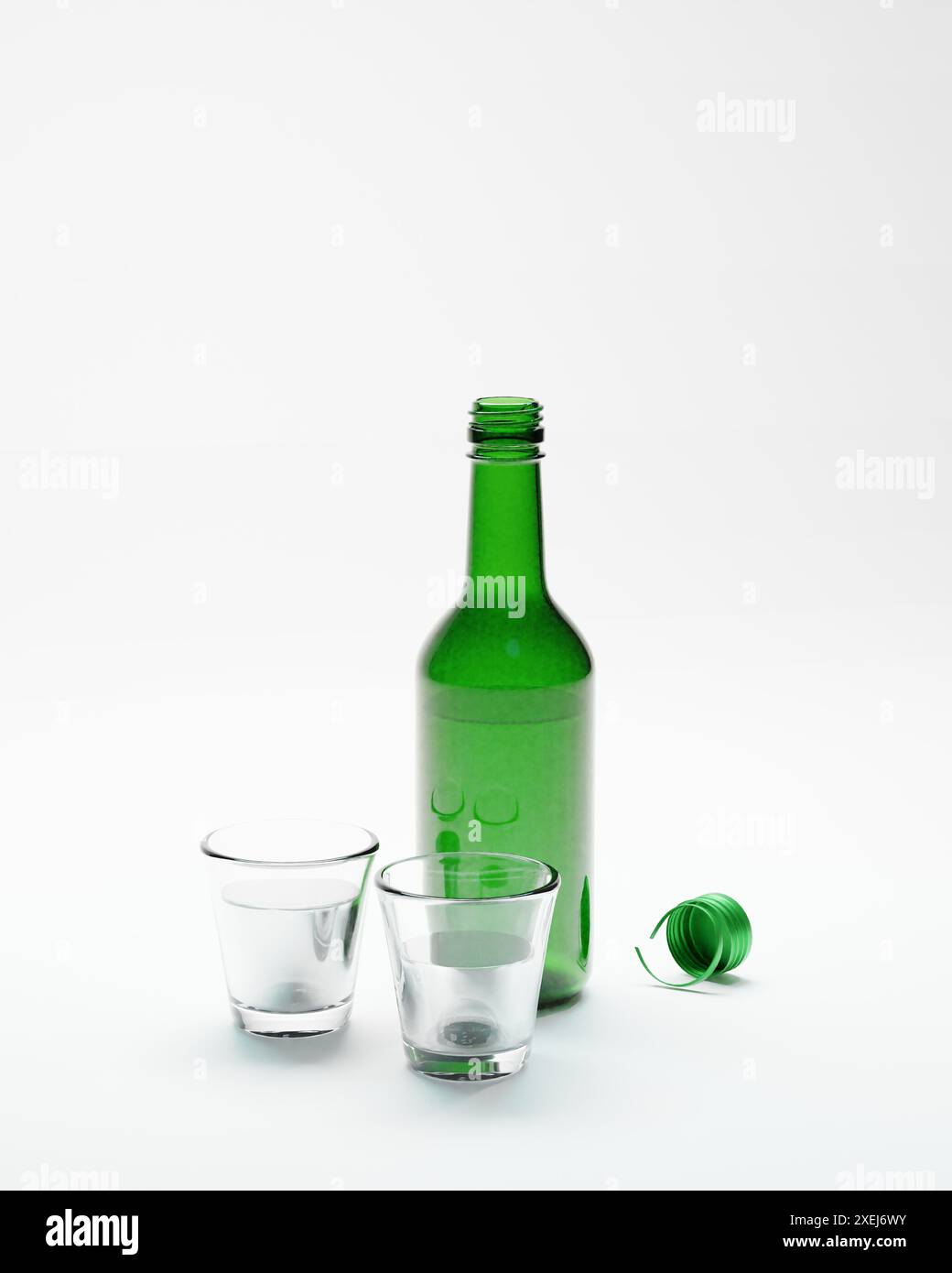 3d render of isolated korean soju bottles and glasses alcohoc beverage ...