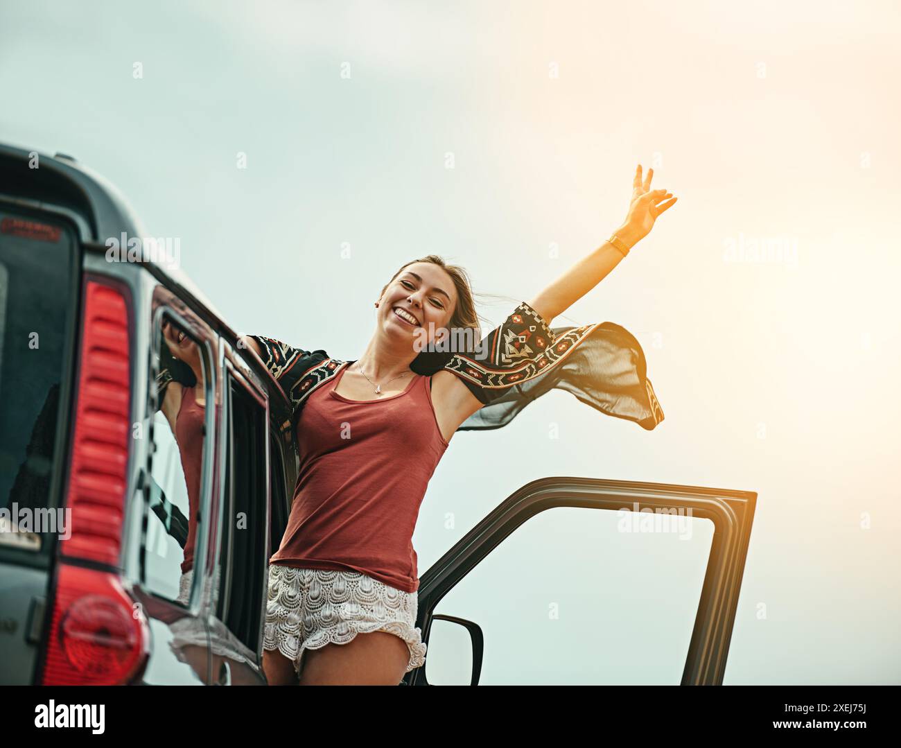Road trip, woman and peace sign by car for adventure, travel and ...