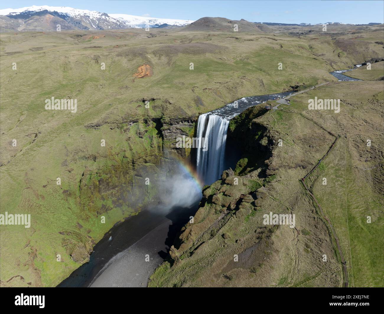 View from above, stunning aerial view of the spectacular Skógafoss Waterfall in South-Iceland ...