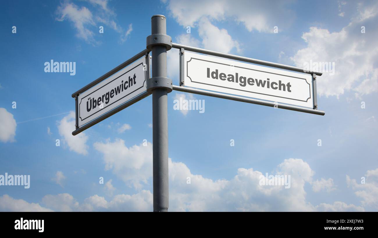 Signposts the direct way to ideal weight versus overweight Stock Photo ...