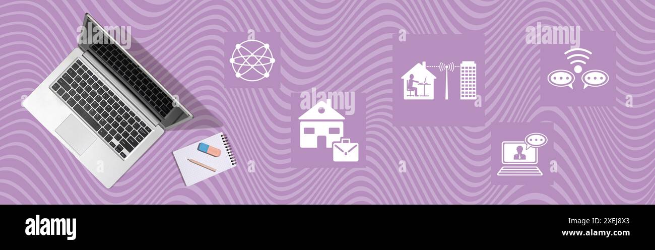 Top view of laptop with symbol of teleworking concept Stock Photo - Alamy