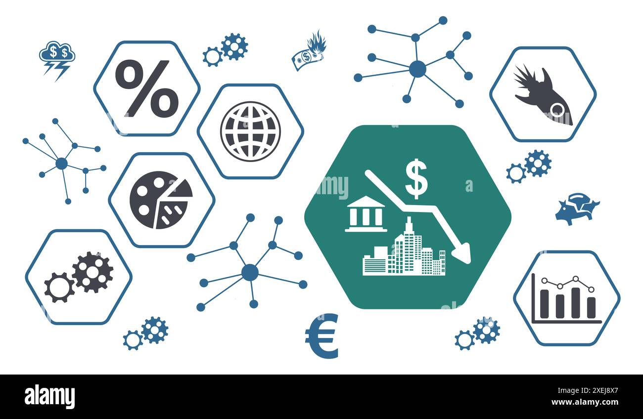 Concept of economic crash with icons in hexagons Stock Photo - Alamy
