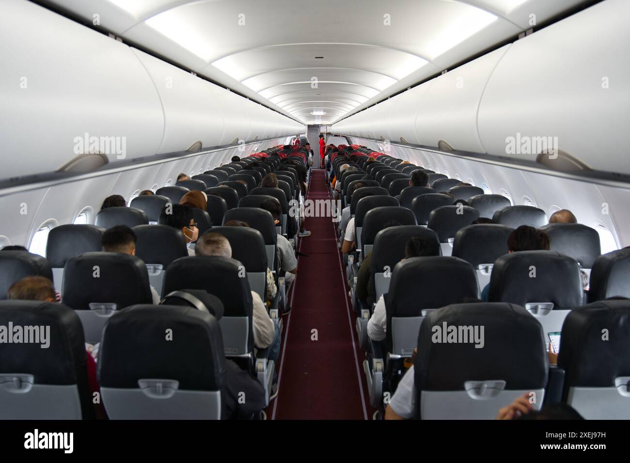 Single aisle commercial aircraft cabin with rows of seats, with female ...