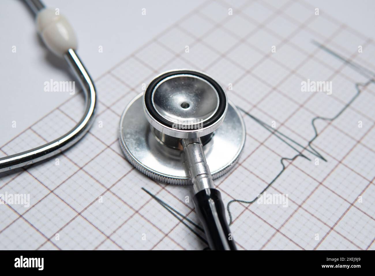 Closeup image of a stethoscope on a electrocardiogram (ECG) printout ...