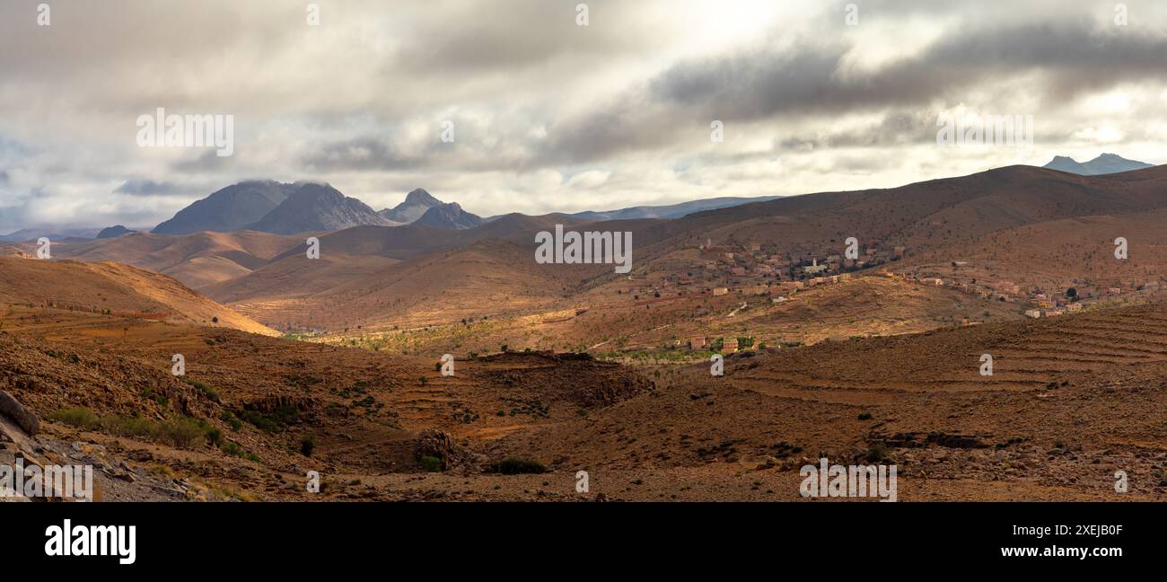 Panorama landscape view of the Altas mountains in Morocco with small ...