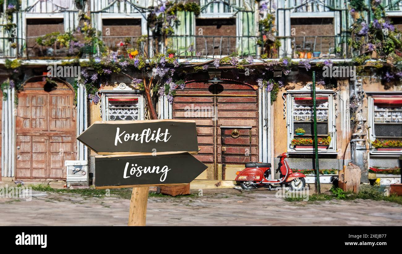 Signposts the direct way to conflict versus resolution Stock Photo - Alamy