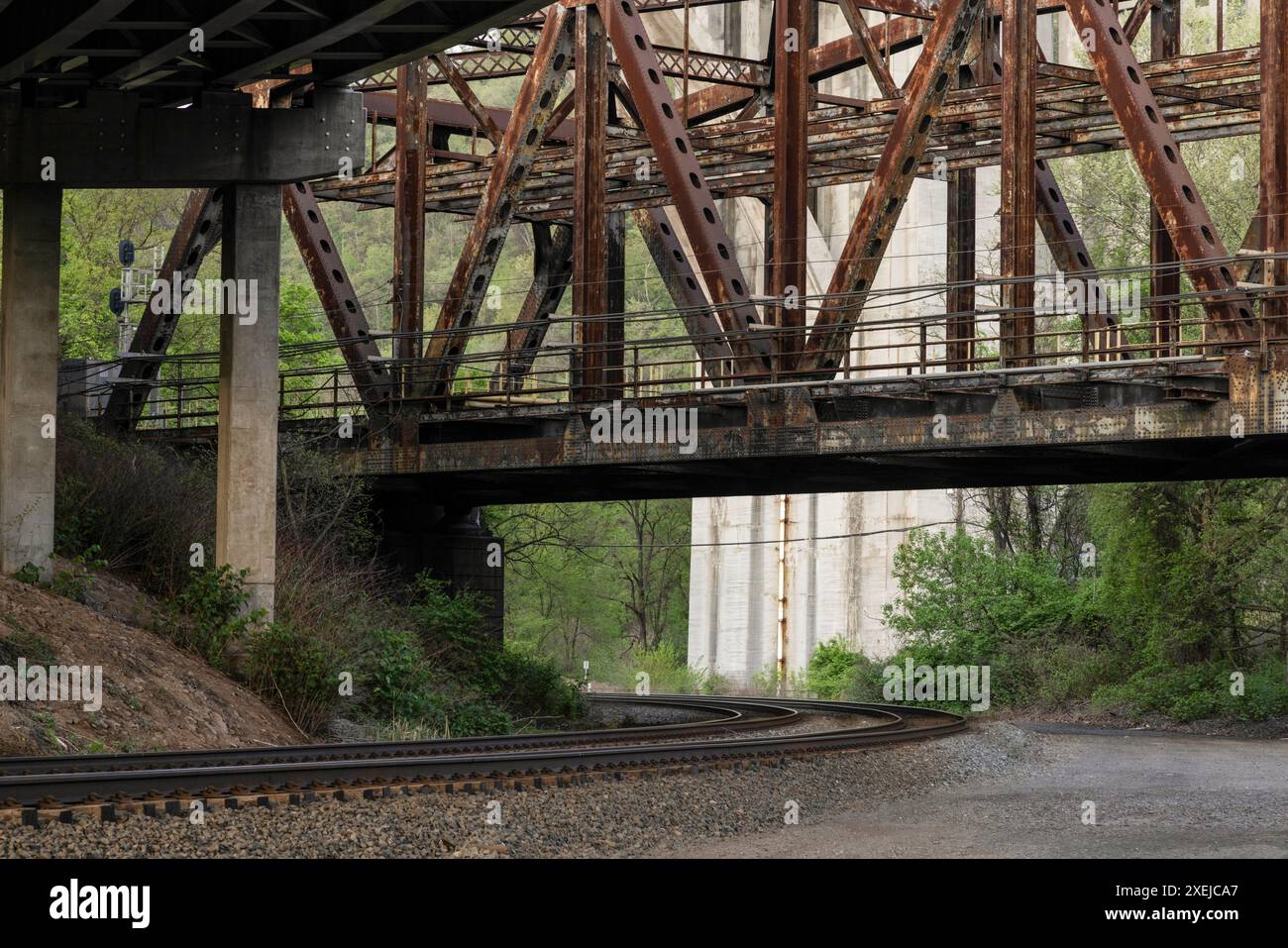Overlapping train bridges in industrial area Stock Photo - Alamy