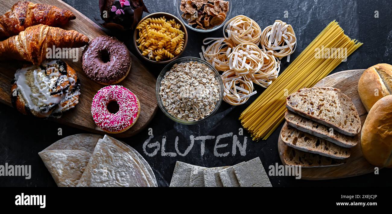 Composition with variety of food products containing gluten Stock Photo ...