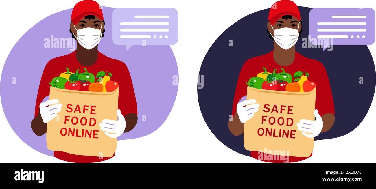 Safe food delivery. Man african courier delivering grocery order to the ...
