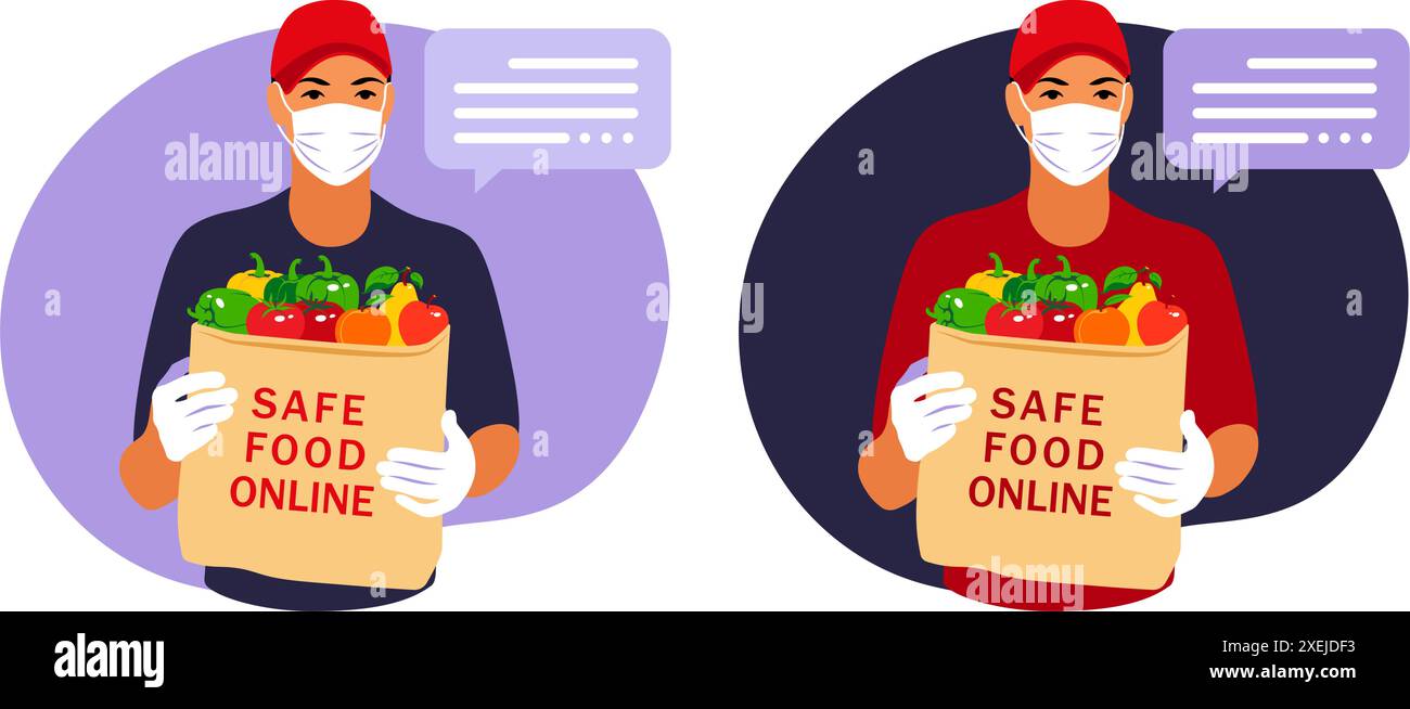 Safe food delivery. Courier delivering grocery order to the home of ...