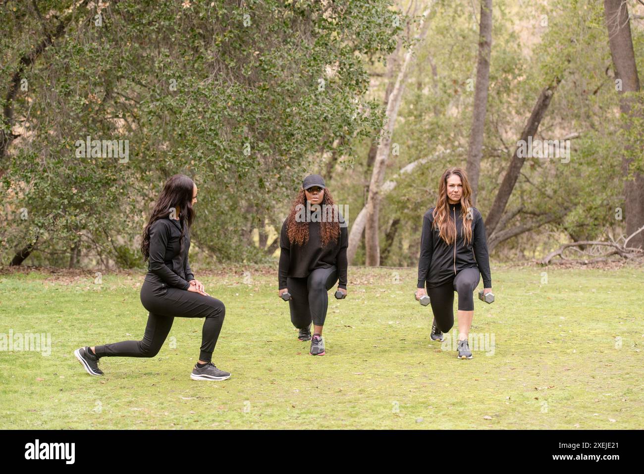 Three women working out with dumbbells outdoors Stock Photo - Alamy