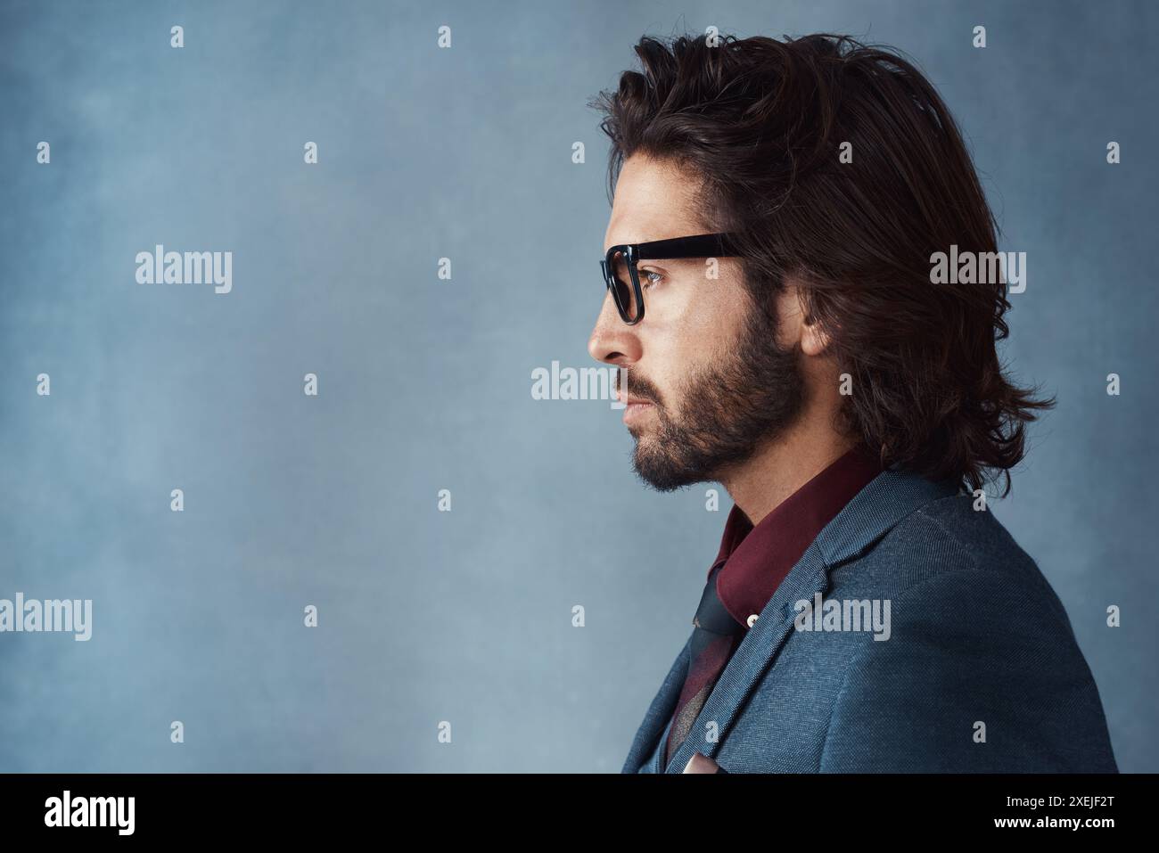 Vision, thinking and business man with glasses for idea, profile and ...