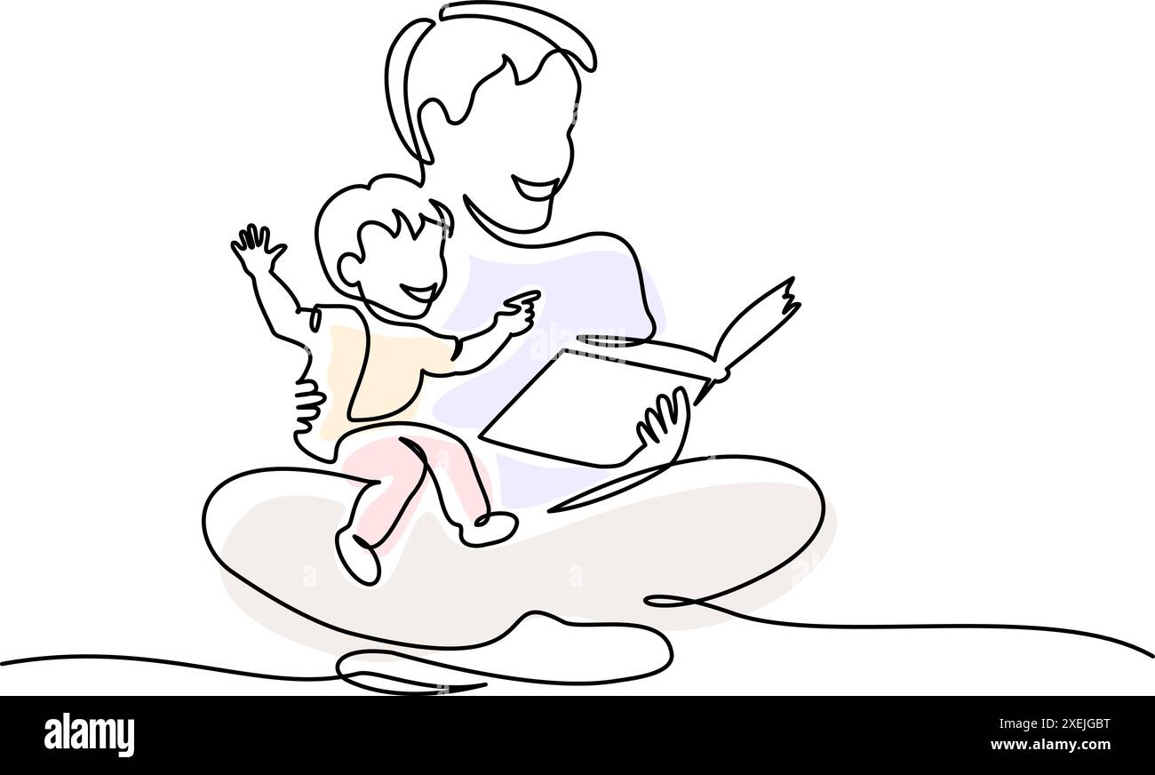Father reading book to child son. Continuous one line drawing art Stock ...