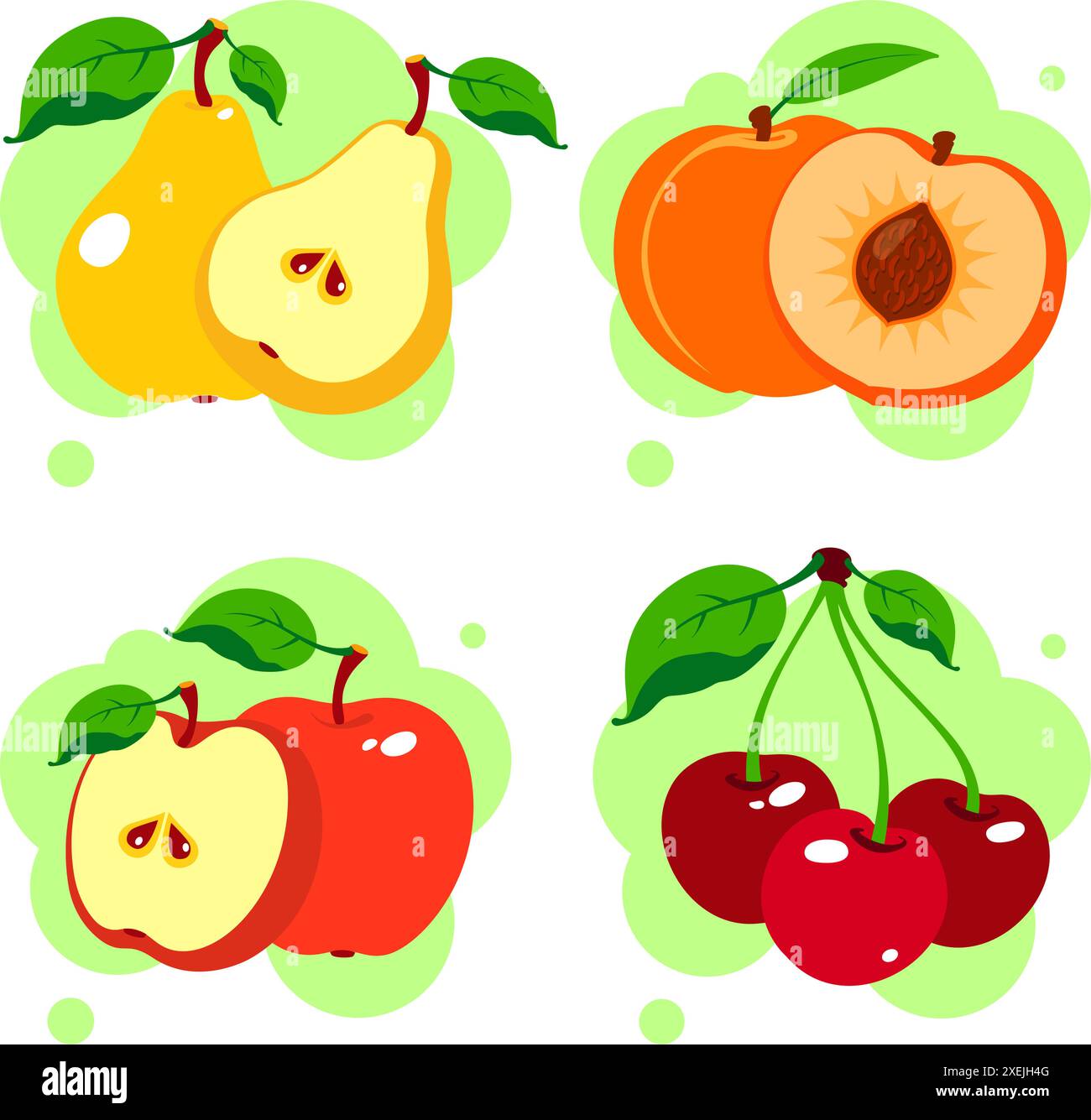 Cherry, pear, peach, red apple whole and cut fruit isolated on white ...