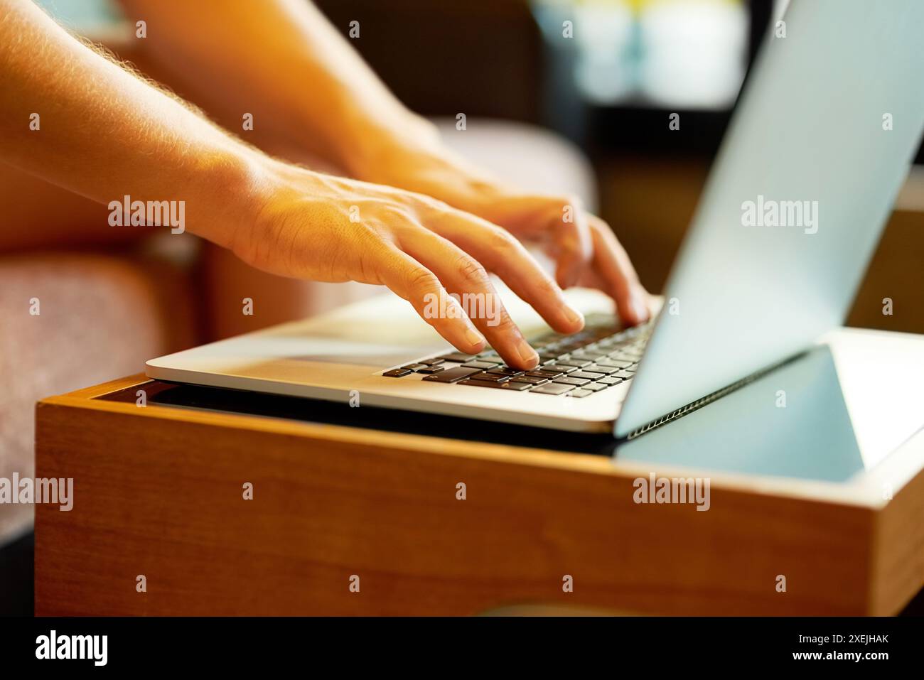 Closeup, hands and person with laptop for typing email, communication ...
