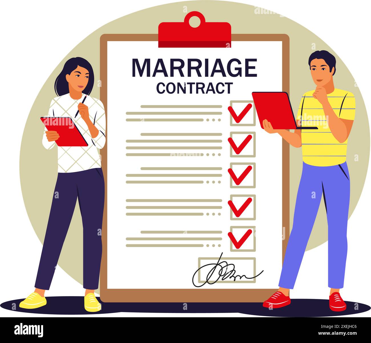 Couple getting married and signing marriage contract. Vector ...