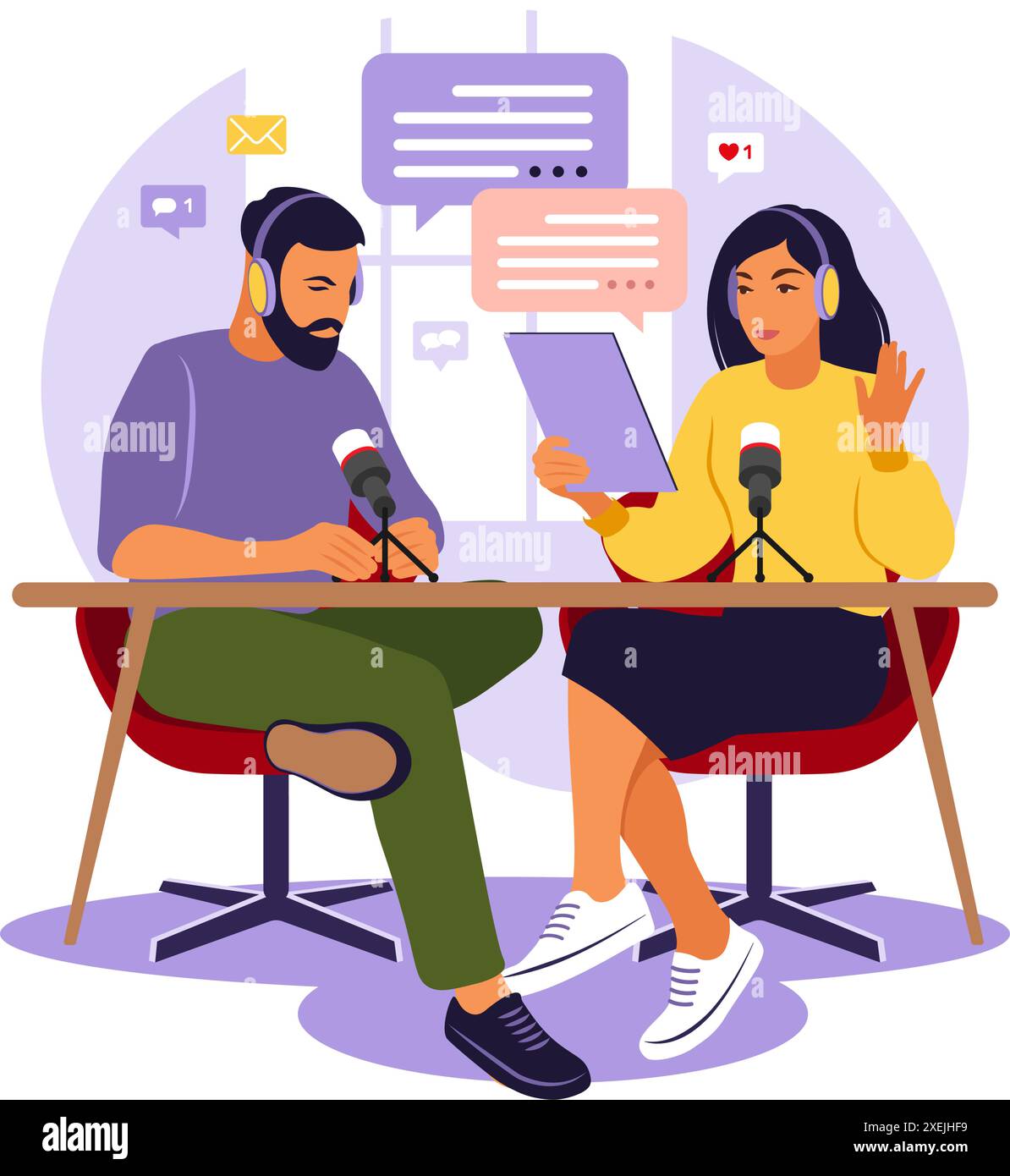 People recording podcast in studio flat vector illustration. Podcaster ...