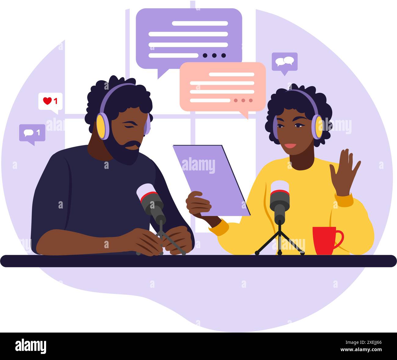 African people recording podcast in studio. Radio host with table flat ...