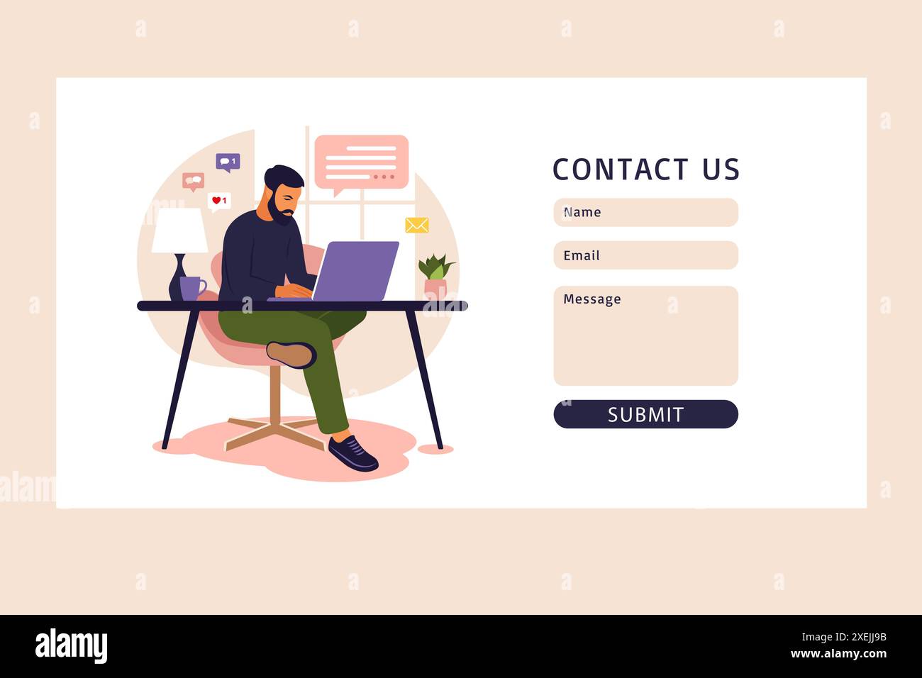 Contact us form template for web. Home office concept, man working from home. Student or ...