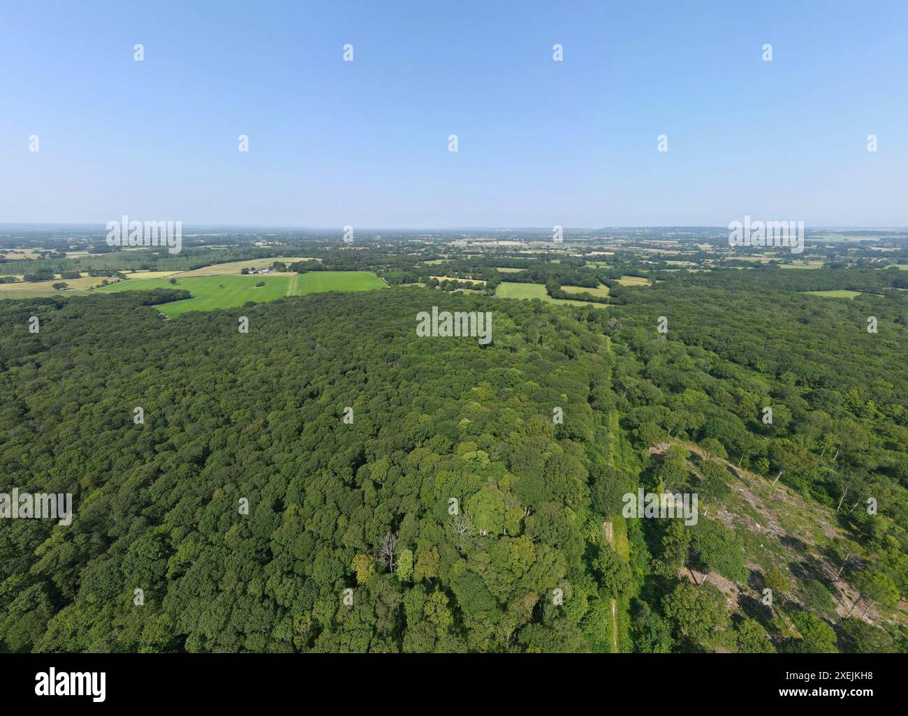 Drone view looking northwest over the Weald of Kent from high above ...