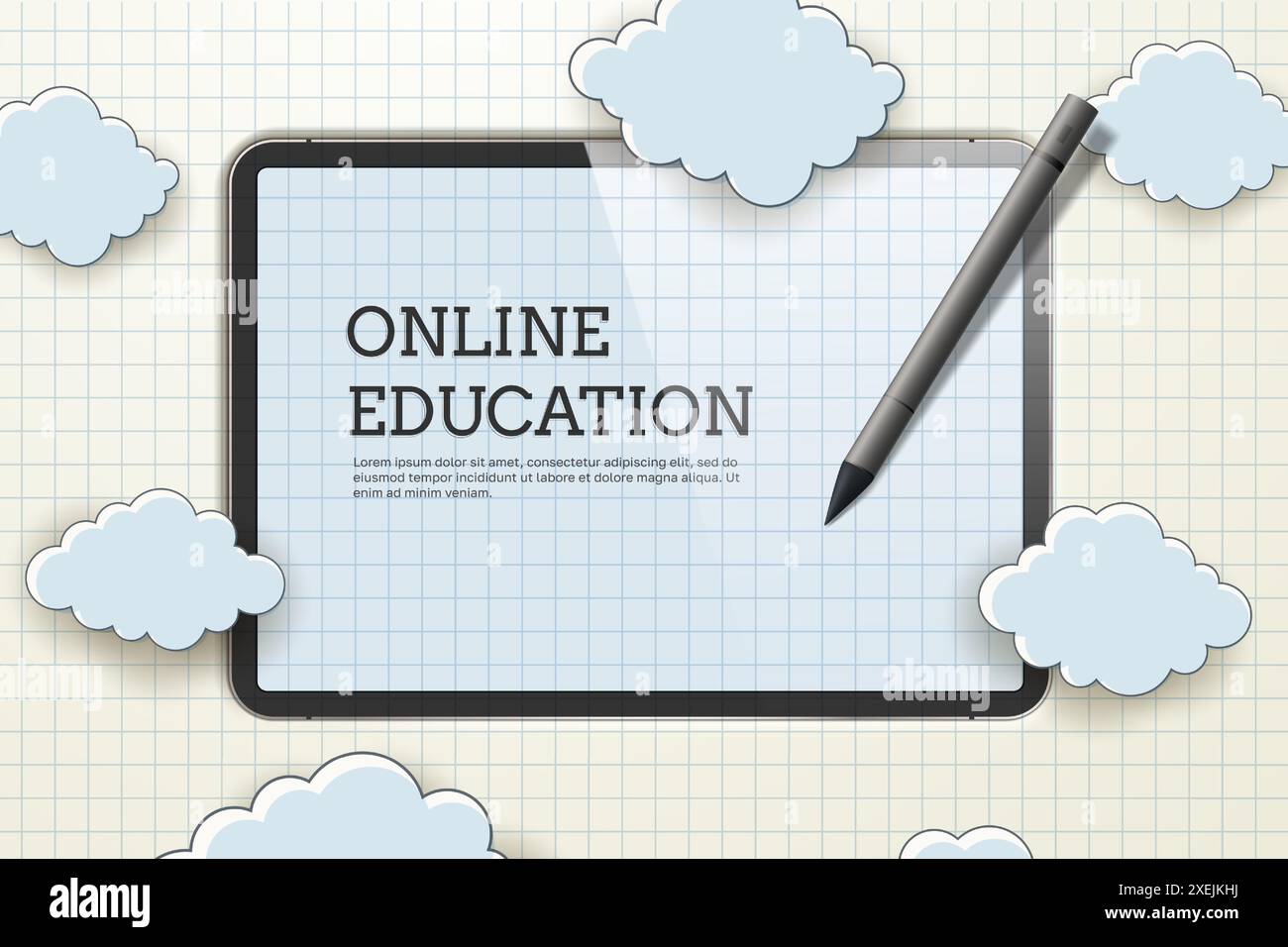 Back to school, online learning. Tablet or smartphone on a checkered ...