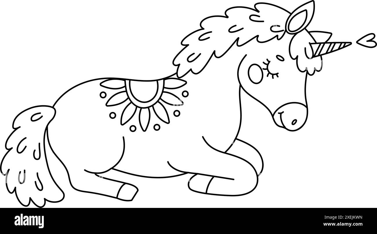 Cute magical unicorn coloring page. Romantic magical pony sleeping ...