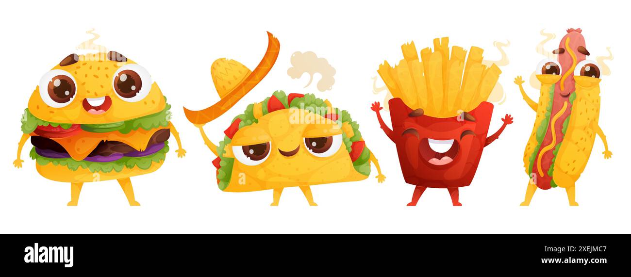 Illustration of four cute cartoon fast food characters - a burger, taco ...