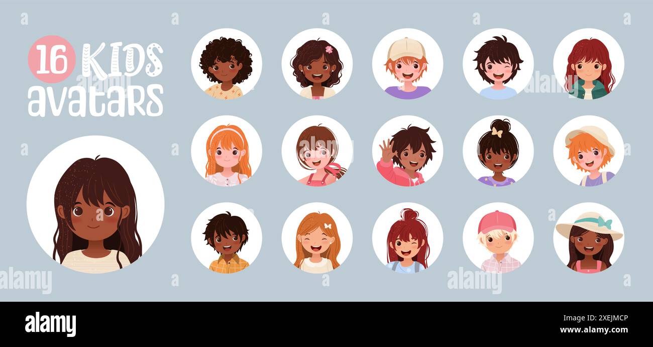 Set of 16 children avatars. Cartoon kids Stock Vector Image & Art - Alamy