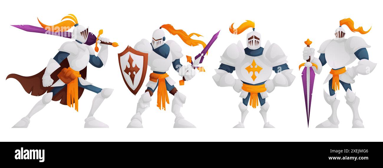 Illustration of four cartoon knights in white armor, equipped with ...