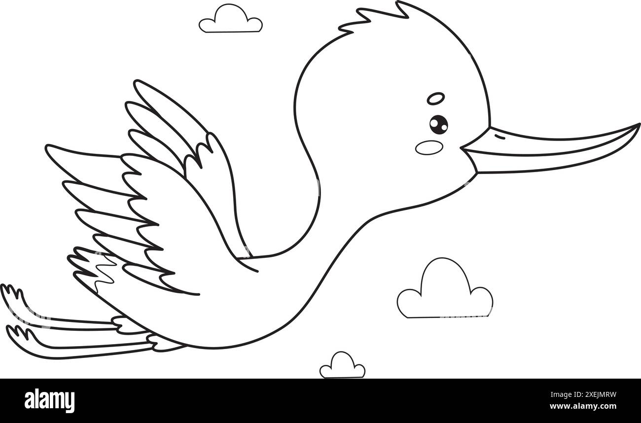 Cute flying stork. Outline cartoon kawaii bird character. Line drawing ...