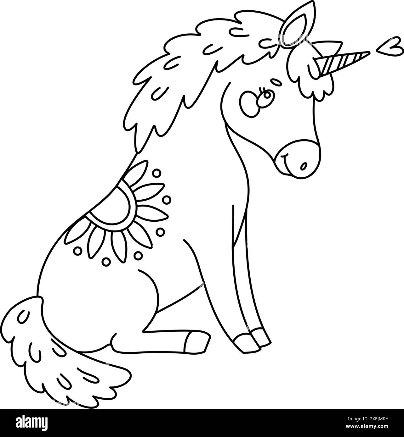 Cute magical unicorn coloring page. Romantic magical pony Hand drawn ...