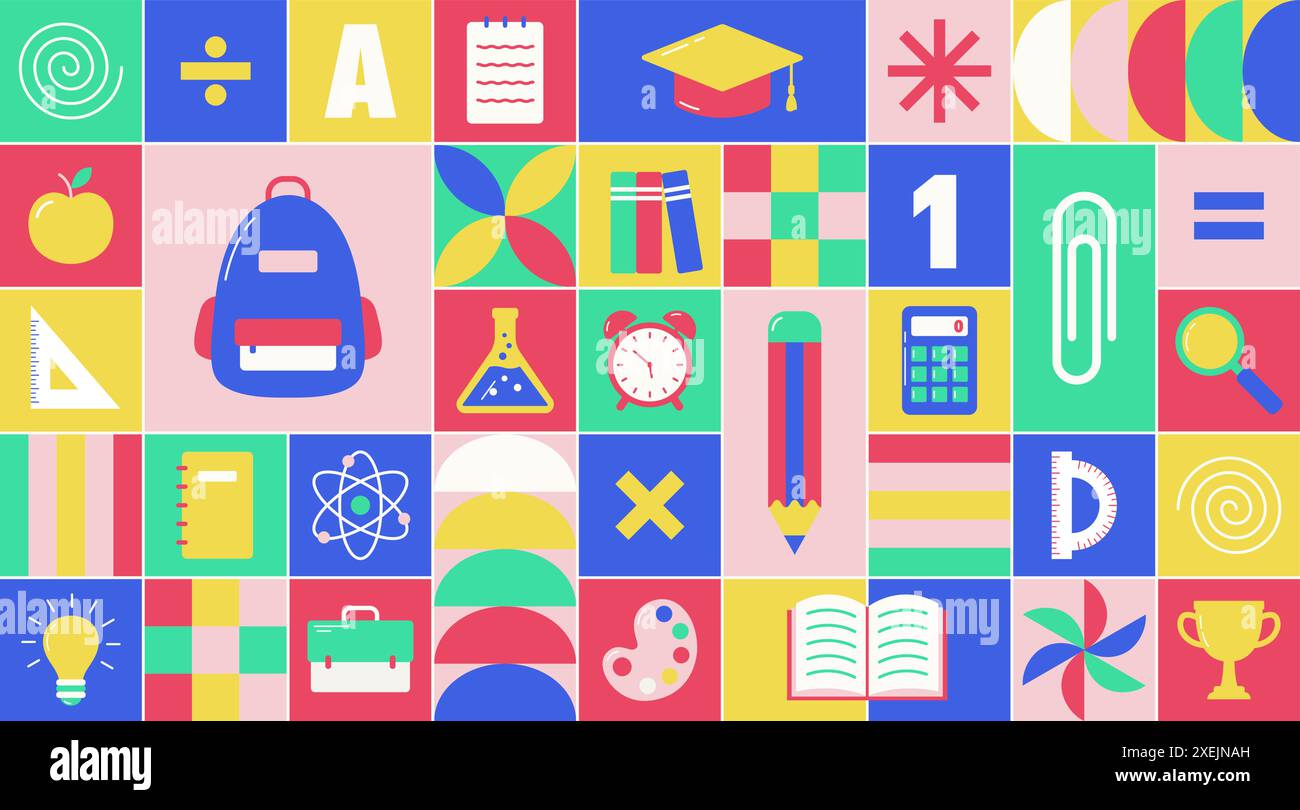 Modern colorful geometric background with school supplies and shapes ...