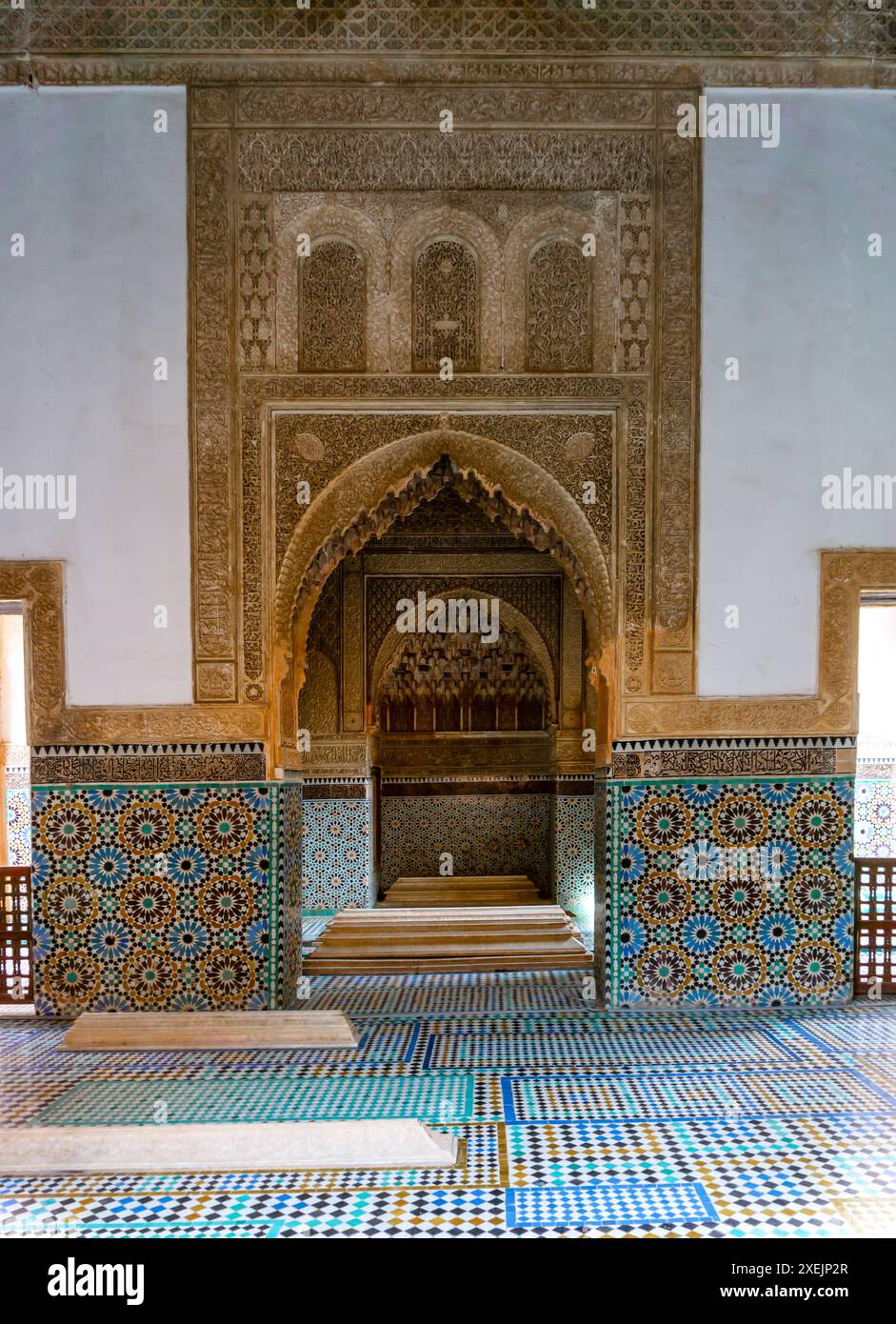 Typoical Moroccan architecture with Zeliij mosaics and carved cedarwood ...